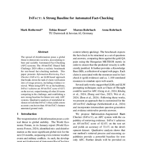 Infact A Strong Baseline For Automated Fact Checking Acl Anthology