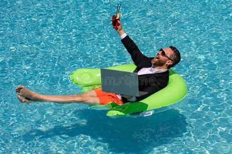 Excited Business Man Floating In Suit Drink Summer Cocktail And Using