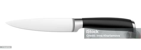요리사의 부엌 야채 칼은 클리핑 패스가 있는 흰색 배경에 분리된 검은색 손잡이가 있습니다 강철 날카로운 칼날이 달린 칼 평면도 주방 사실적인 3d 벡터 그림입니다 모형 0