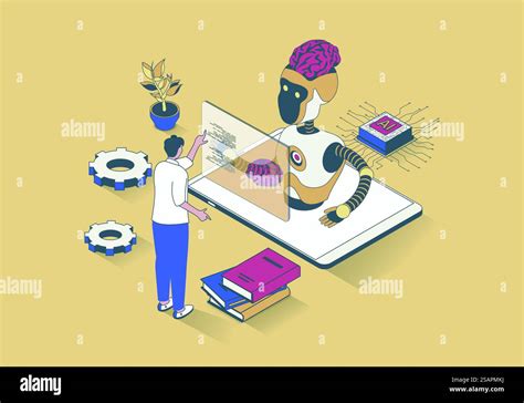 Artificial Intelligence Concept In 3d Isometric Design Man Working With Digital Brain Machine
