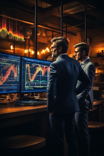 Two Men In Suits Looking At Computer Screen With Graphs Generative Ai