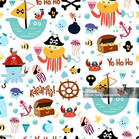 귀여운 바다 해적과 벡터 원활한 패턴 손으로 그린 재미있는 벡터 패턴 해적 모자 게 해파리 보물 물고기 및 거품에 귀여운 문어 축하 행사 포스터 초대장 및 어린이 직물 장식