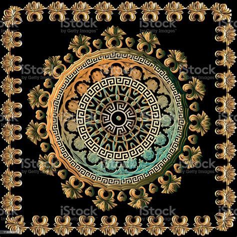 3d 바로크 벡터 만다라 패턴입니다 꽃 골동품 광장 프레임입니다 장식적인 배경입니다 라운드 럭셔리 만다라 꽃 장식 그리스 키 미 더 패널 타일 배경 화면 직물 인쇄를 위한