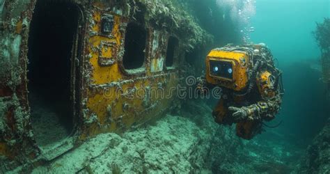 Robot Submarine Explores Sunken Vessel In Deep Ocean Waters Generative Ai Stock Image Image Of