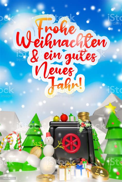 은행과 저축에 관한 독일어로 메리 크리스마스와 새해 복 많이 받으세요라는 텍스트가 있는 수직 배경 안전 상자 크리스마스 트리 및 눈으로 축제 덮개 개념에 대한 스톡 사진 및