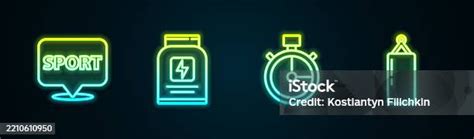 세트 라인 위치 체육관 스포츠 영양 스톱워치 및 샌드백 빛나는 네온 아이콘입니다 벡터 건강한 생활방식에 대한 스톡 벡터 아트 및 기타 이미지 Istock