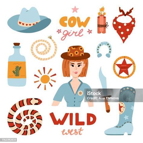 트렌디한 플랫 스타일에 큰 카우걸 세트 손으로 그린 간단한 벡터 일러스트 레이 션 웨스턴 부츠 모자 뱀 선인장 황소 두개골 보안관 배지 스타 텍사스와 와일드 웨스트의 상징을