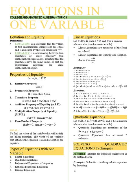Topic 4 Equations In One Variable Pdf Equations Quadratic Equation