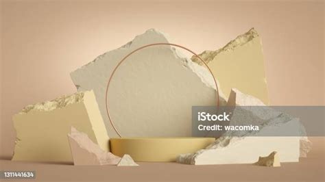 파스텔 배경에 고립 된 3d 렌더링 깨진 유적 자갈 돌 바위와 황금 둥근 프레임추상 배경 제품 프리젠 테이션을위한 빈 연단과 현대 최소한의 쇼케이스 장면 0명에 대한 스톡