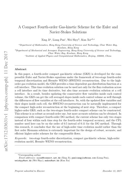PDF A Compact Fourth Order Gas Kinetic Scheme For The Euler And Navier Stokes Solutions
