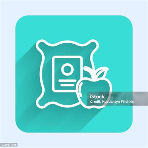 긴 그림자로 격리 된 자루 아이콘에 흰색 선 사과 캔버스 가방에 사과 농민 시장 녹색 사각형 버튼입니다 벡터 일러스트레이션 가방에 대한 스톡 벡터 아트 및 기타 이미지