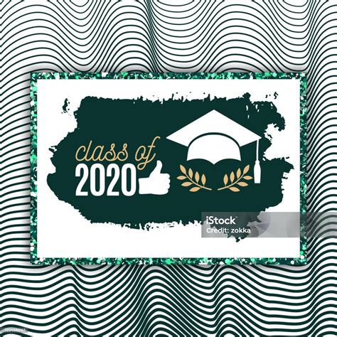 2020 년 졸업생 인사말 카드 모자 엄지 손가락 월계수 웨이브 배경에 브러시 스트로크 초대 배너 포스터 엽서 벡터 졸업 템플릿입니다 모든 격리 및 계층화 2020년에 대한
