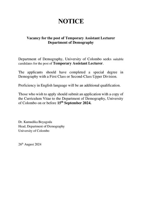 Vacancies For Temporary Assistant Lecturer Faculty Of Arts