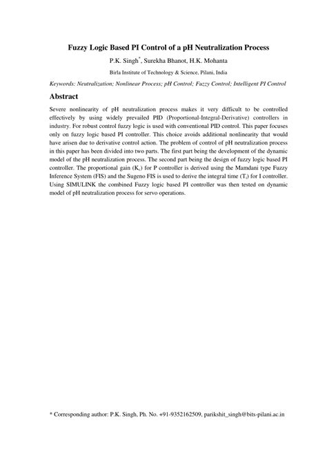 Pdf Fuzzy Logic Based Pi Control Of A Ph Neutralization Process