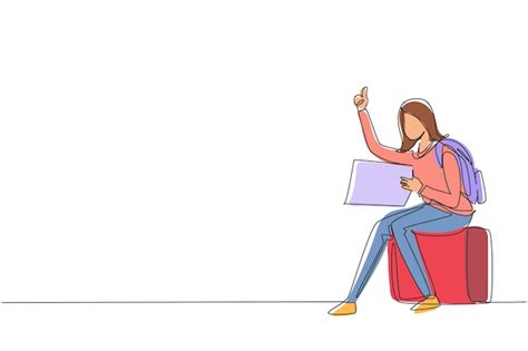 Premium Vector Single One Line Drawing Woman With Backpacks Sitting