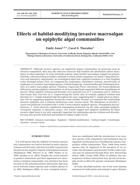 Pdf Effects Of Habitat Modifying Invasive Macroalgae On Epiphytic Algal Communities