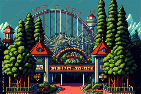 Pixel Art Amusement Park Background In Retro Style For 8 Bit Game Generative Ai Stock