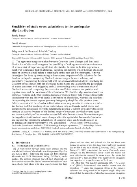 Pdf Sensitivity Of Static Stress Calculations To The Earthquake Slip Distribution Suleyman