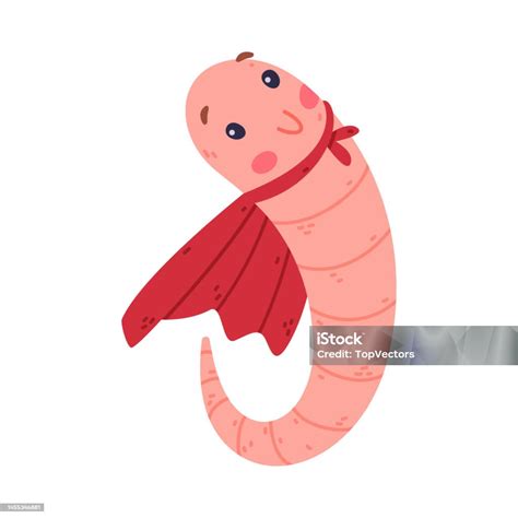 빨간 망토 벡터 일러스트 레이 션을 입고 긴 몸을 가진 재미 있는 핑크 벌레 캐릭터 감정에 대한 스톡 벡터 아트 및 기타 이미지 감정 구더기 구조 Istock