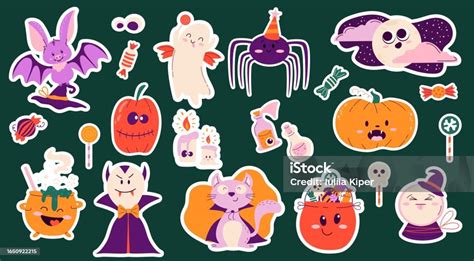 다채로운 손으로 그린 할로윈 마스코트 캐릭터 스티커 세트 소름 끼치는 호박 행복한 가마솥 수줍은 촛불 웃는 유령과 거미 달 작은 박쥐 사탕 물약 병 0명에 대한 스톡 벡터