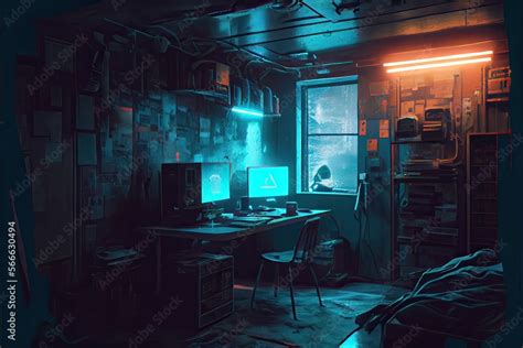 Generative AI Illustration Of Messy And Dark Cyberpunk Hacker Hideout Room With Lights Stock