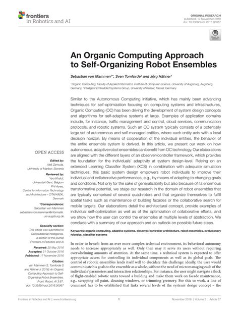 Pdf An Organic Computing Approach To Self Organizing Robot Ensembles
