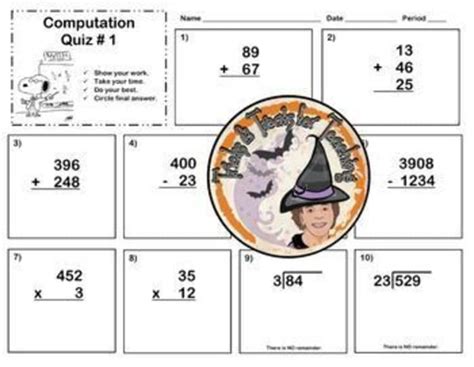 Math Worksheet Add Subtract Multiply Divide Computation Quiz Bundle Keys