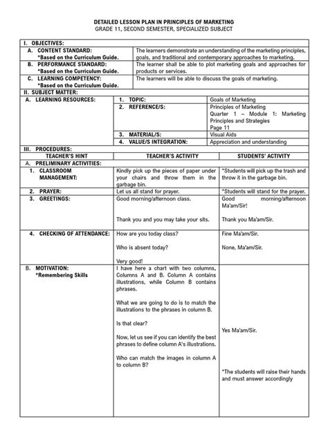 Detailed Lesson Plan In Entrepreneurship Pdf Entrepreneurship Lesson Plan