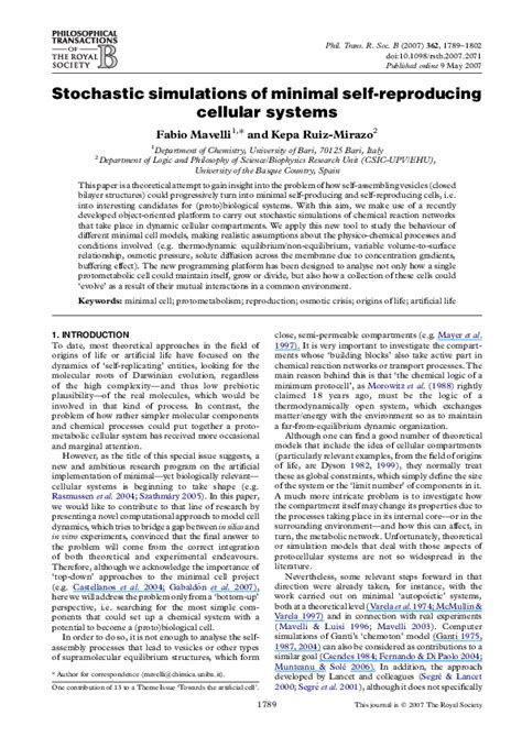 Pdf Stochastic Simulations Of Minimal Self Reproducing Cellular Systems