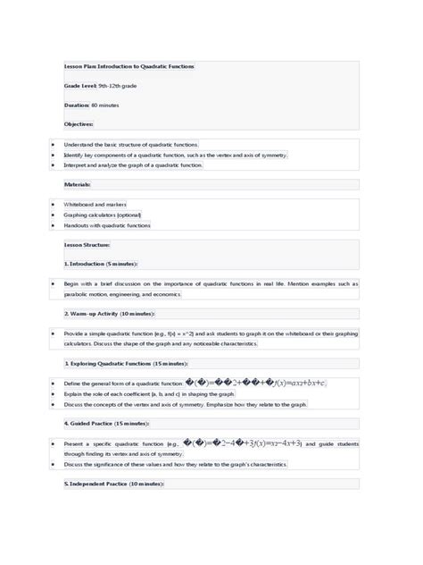 Intro To Quadratic Functions Lesson Pdf Function Mathematics