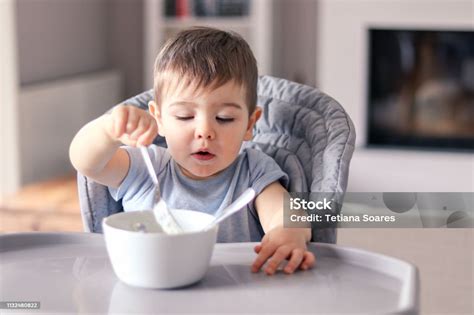 귀여운 작은 아기 소년 재미 얼룩 얼굴 높은 먹이의 자에 앉아 그의 앞에 있는 테이블에 흰색 그릇에서 포크와 함께 먹는 음식에 집중 혼자서 먹는 것을 시도 한다 어린이 영양