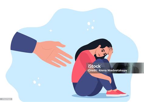 인간의 손은 우울증에 처한 불행하고 슬픈 어린 소녀를 돕습니다 정신 건강 개념 Mental Wellbeing에 대한 스톡 벡터 아트 및 기타 이미지 Mental