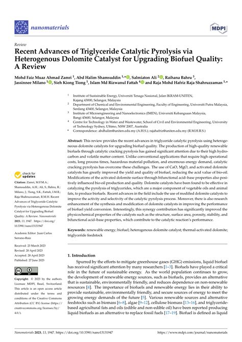 Pdf Recent Advances Of Triglyceride Catalytic Pyrolysis Via Heterogenous Dolomite Catalyst For
