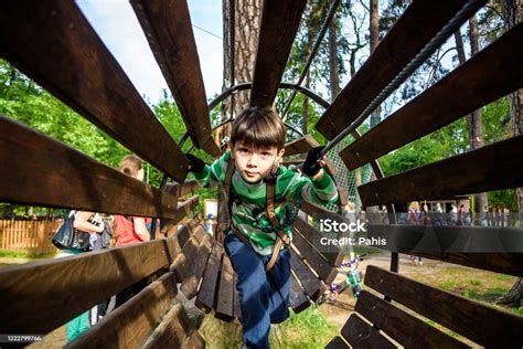 로프 어드벤처 파크에서 놀고있는 어린 소년 여름 휴가 개념 귀여운 아이 그물 터널에서 재미를 아이들을위한 현대적인 놀이 공원 야외 게임 아이에 대한 스톡 사진 및 기타