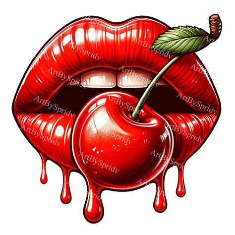 Red Cherry Kiss Clipart Glossy Lip Art Png Printable Sublimation Design