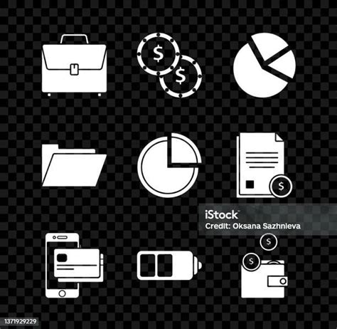 세트 서류 가방 달러 기호와 동전 돈 파이 차트 인포 그래픽 휴대 전화 및 신용 카드 배터리 충전 수준 표시기 지갑 동전 문서 폴더 및 아이콘 벡터 Brand Name