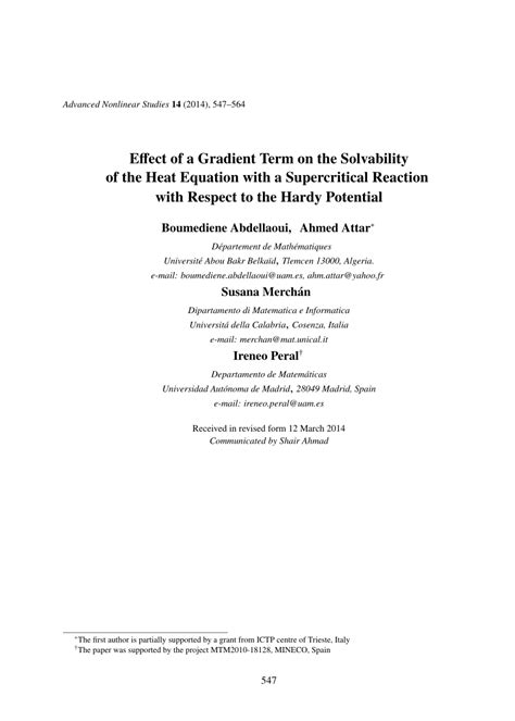 Pdf Effect Of A Gradient Term On The Solvability Of The Heat Equation With A Supercritical