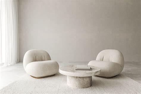 치장 벽토 벽이 있는 개념적인 인테리어 거실 파스텔 색상의 창의적인 작곡 의자와 돌 테이블 모형 빈 배경입니다 3d 렌더링 고품질 3d 그림 커튼에 대한 스톡 사진 및 기타