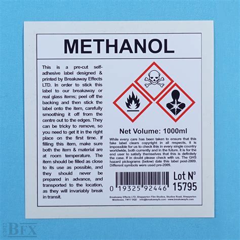 Cl02 Methanol Chemical Bottle Label Breakaway Effects