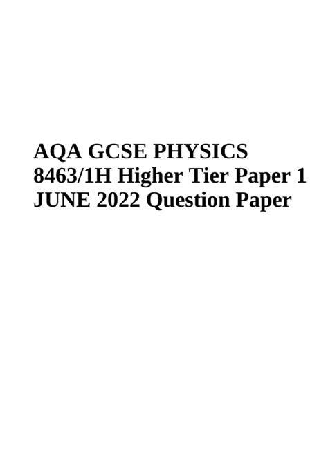 Aqa Gcse Physics 8463 1h Higher Tier Paper 1 June 2022 Question Paper Aqa Gcse Physics 8463 1h