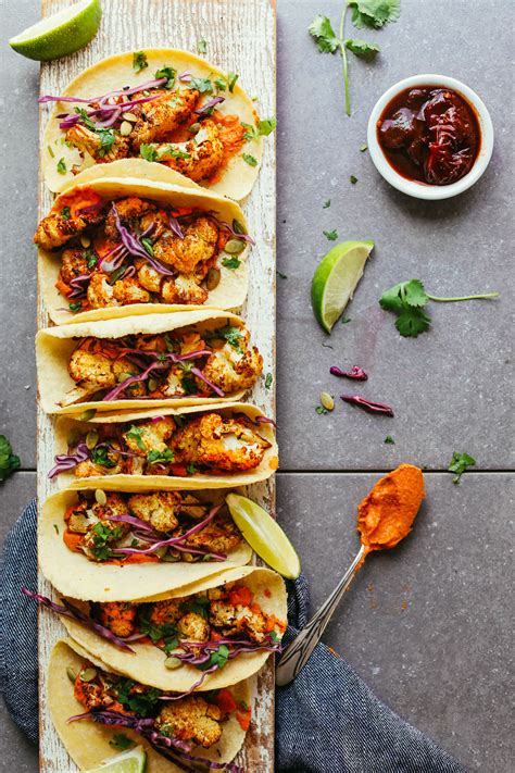 Roasted Cauliflower Tacos And Chipotle Romesco Minimalist Baker Recipes