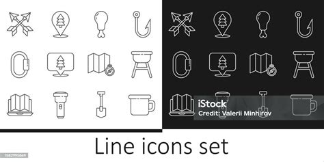 세트 라인 캠핑 금속 머그잔 바베큐 그릴 닭 다리 숲의 위치 카라비너 교차 화살표지도 및 아이콘 벡터 강철에 대한 스톡 벡터