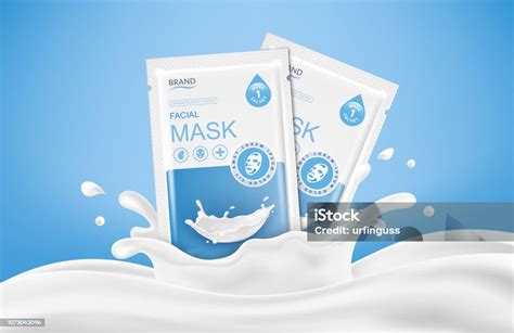 페이셜 시트 마스크 향 주머니 패키지와 추상 많아요입니다 벡터 현실적인 그림 파란 배경에 고립입니다 미용 제품 포장 디자인 서식 파일이입니다 Coq10에 대한 스톡 벡터
