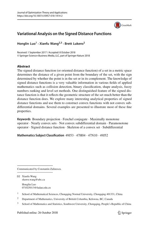 Pdf Variational Analysis On The Signed Distance Functions