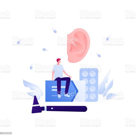 이비인후과 상담 및 청각 장애인 학습 개념 벡터 플랫 의료 일러스트레이션 귀 이강사 의학 기호 알약 상자에 앉아 환자 건강 관리 약리학을 위한 디자인 이비인후과의사에 대한