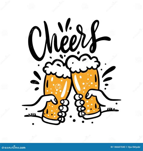 Beer Glasses Mug Hand Drawn Vector Illustration Cheers Lettering Phrase Cartoon Style Stock