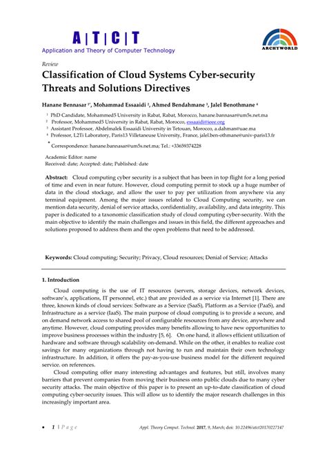 Pdf Classification Of Cloud Systems Cyber Security Threats And