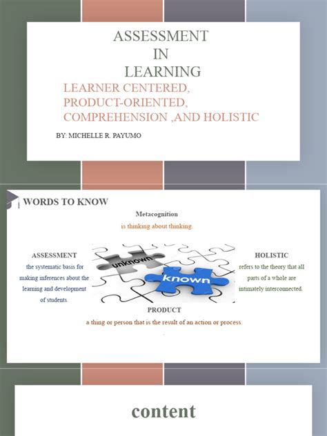 Assessment In Learning 1 Learner Centered Product Oriented Comprehension And Holistic