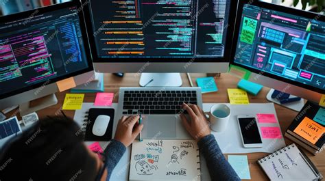 Premium Photo Software Developer Working On Code In Dual Monitor