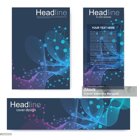 전단지 브로셔 크기 A4 템플릿 배너를 설정합니다 연결된 선과 점이 있는 분자 구조 잡지 전단지 표지 포스터 디자인을위한 요소와 과학 패턴 원자 Dna 과학에 대한 스톡